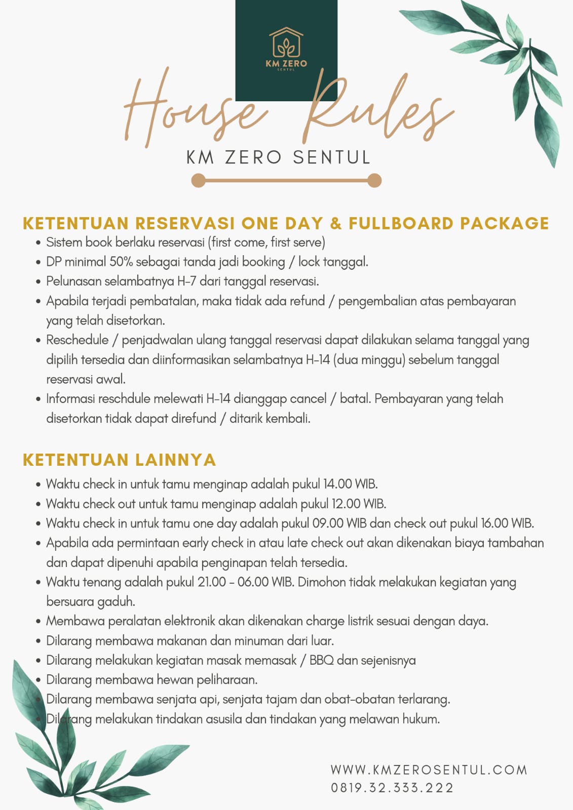 Ketentuan Reservasi | KM Zero Sentul